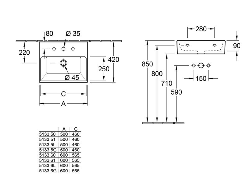 Villeroy & Boch Memento umyvadlo 60x42 cm, s přepadem, otvor pro ...